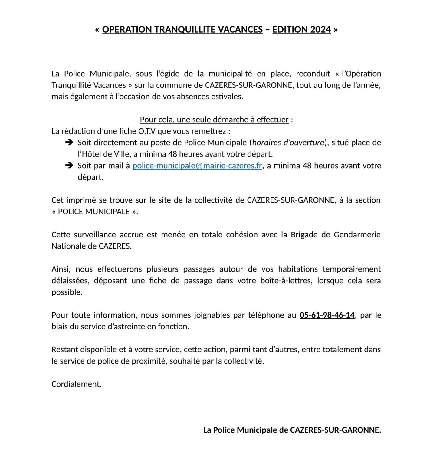 Opération tranquillité vacances - Mairie de Cazères