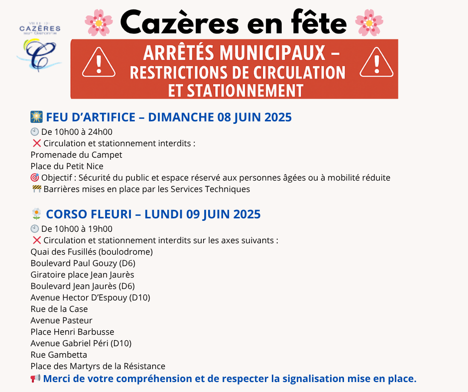 Cazères en fête : circulation et stationnement - Mairie de Cazères